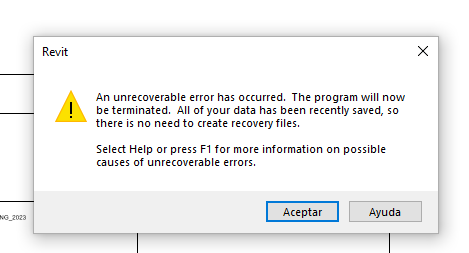 "An unrecoverable error has occurred." when opening any project in Revit