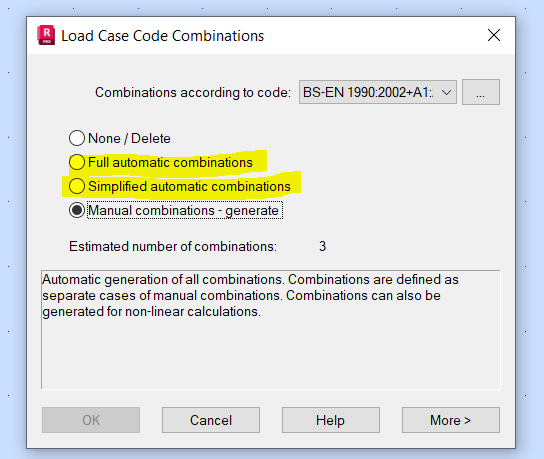 Program fails to generate automatic combinations in Robot Structural Analysis