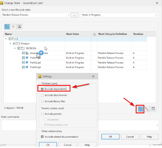 Setting an action or warning to force change state of dependent files or Items while changing ...