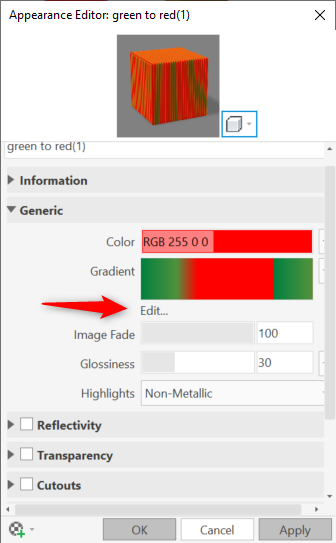 Bi-colour gradient appearance rotate after cutting in Inventor