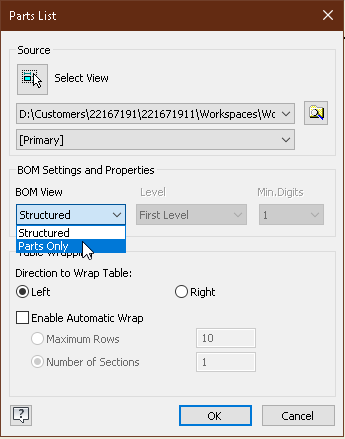 The drawing Parts List BOM view is not changeable in Inventor