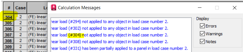 Warning message doesn’t highlight the problem location in the model for linear loads in Robot ...