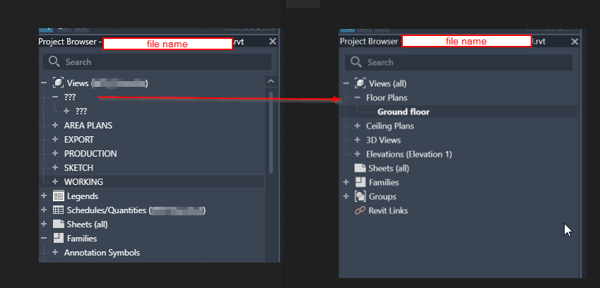 Project browser suddenly switches to a default list of views in a upgraded project in Revit