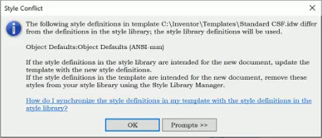 Style conflict warning for 'Object Defaults' is observed for a drawing template in Inventor