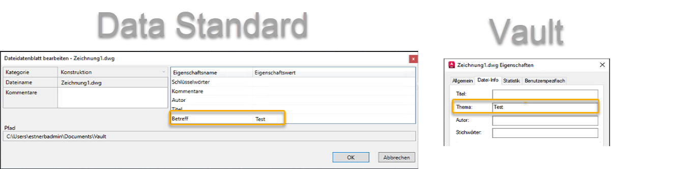 The Vault and ACAD property "Thema" is represented as "Betreff" in Data Standard for AutoCAD