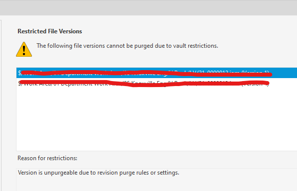"Version is unpurgable due to revision purge rules or settings" when ...