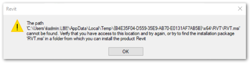 "The path [...]\RVT.msi cannot be found." when installing Autodesk Revit
