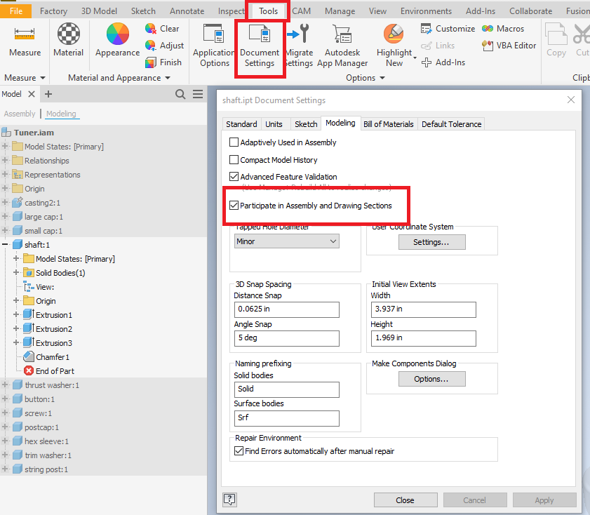 Where is the section participation option for assemblies in Inventor