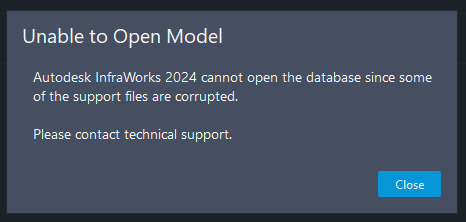 "Unable to Open Model" when opening a model after a system or program crash in InfraWorks