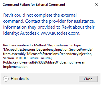 "Revit could not complete the external command..." when running Data Exchange Connector add-on ...