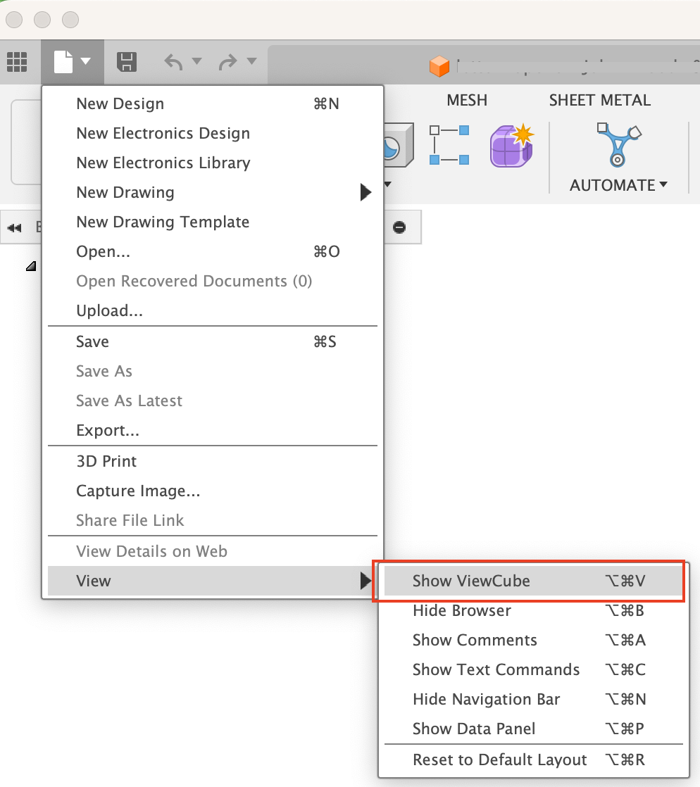 Autodesk Fusion 中未显示 ViewCube