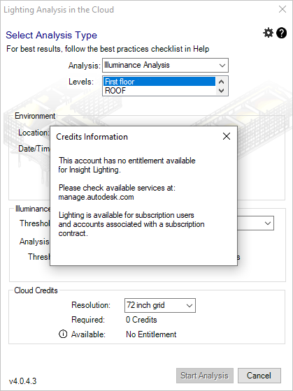 "No entitlement" status when trying to run costless Lighting Analysis in Revit