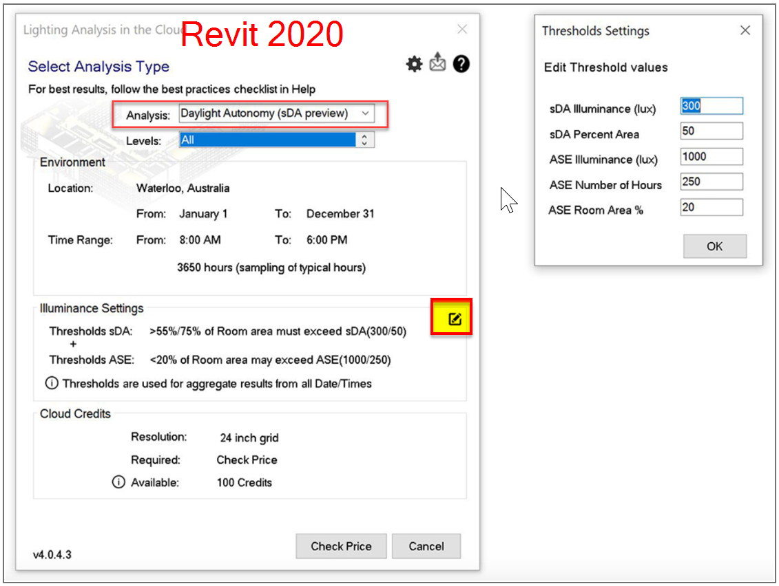 The button to modify the Daylight Autonomy's sDA Threshold is missing ...