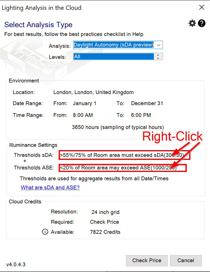 The button to modify the Daylight Autonomy's sDA Threshold is missing ...