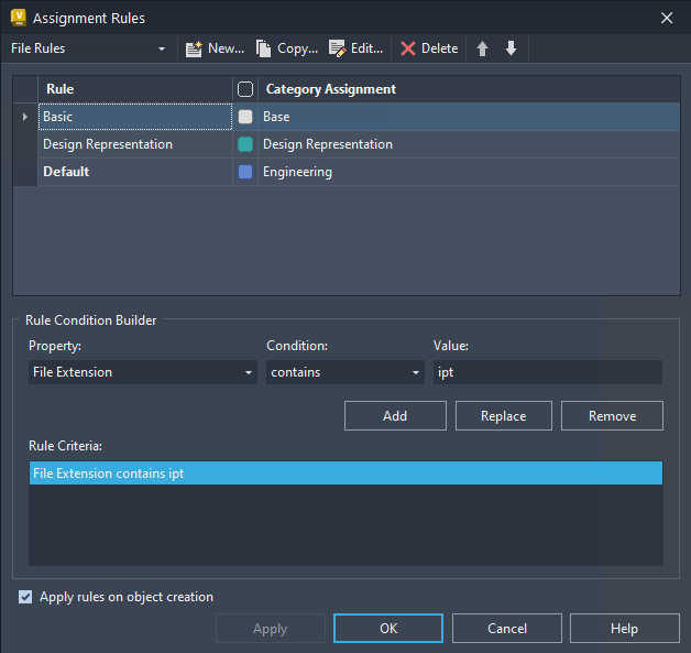 How to configure Vault to assign to IPT files a base category as a result of Copy Design