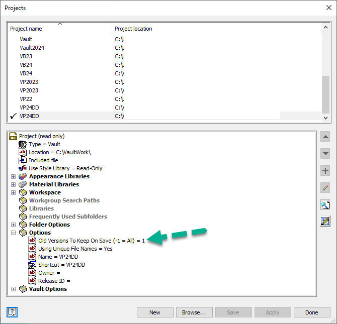 Does changing the "Old Versions To Keep On Save" option in the Inventor Project File from 1 to 0 ...