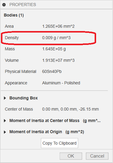 How to change the density units in body properties dialog from g/mm^3 ...