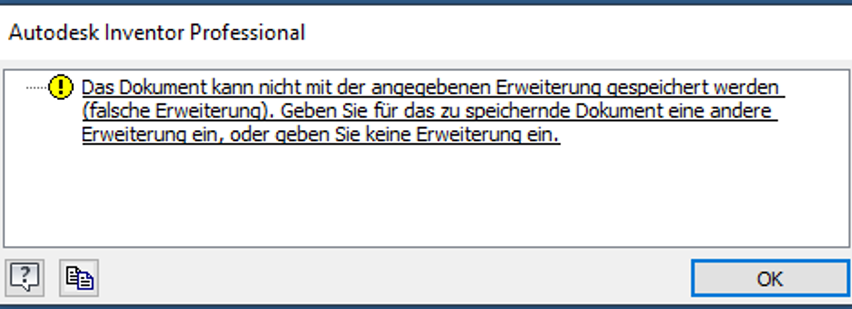 By saving the assembly or part in Inventor the message appears that the extension is wrong