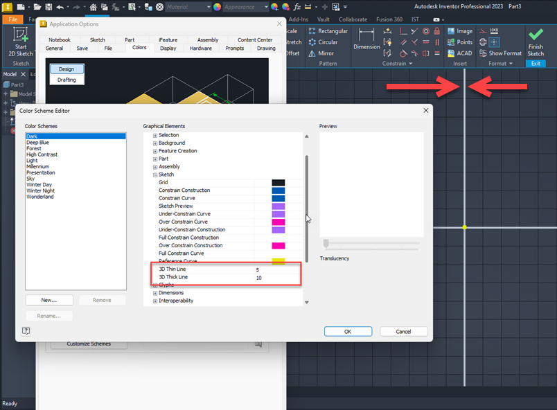 Control thickness of sketch lines incl. axes in Inventor part
