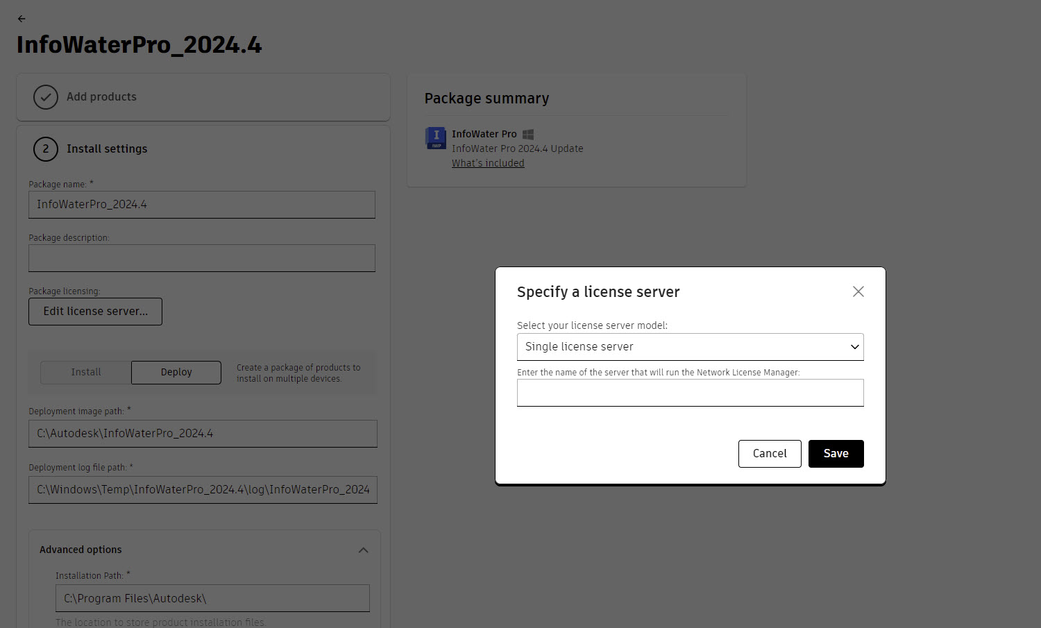 InfoWater Pro 2024 does not take the server name configured in the deployment after installation