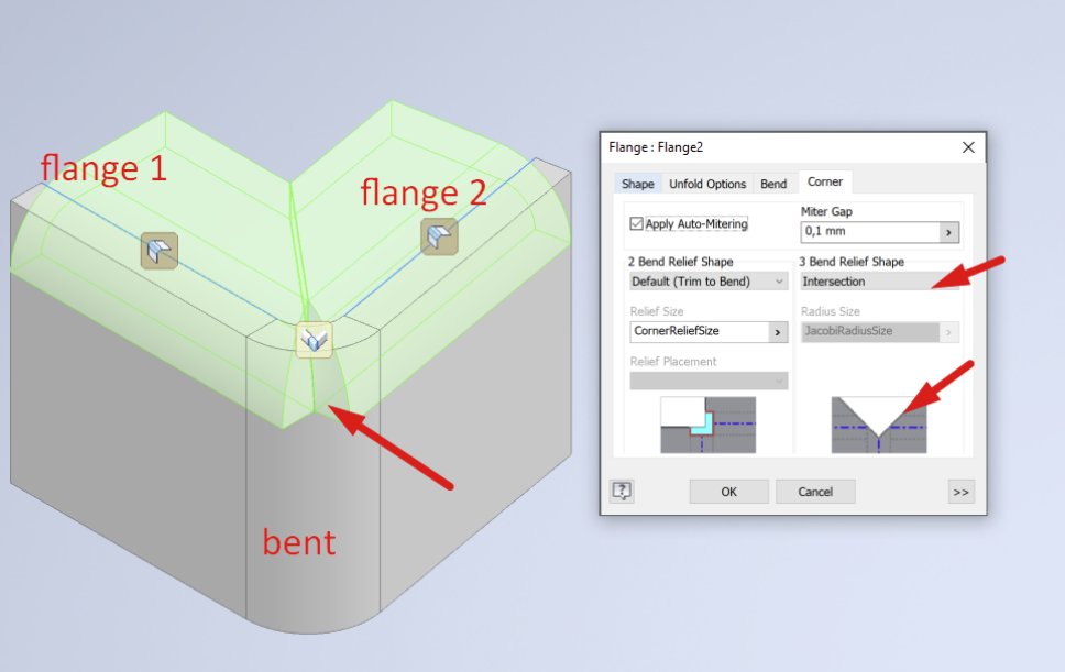 Wrong Model representation of 3D bend corner compared to flat pattern in Inventor