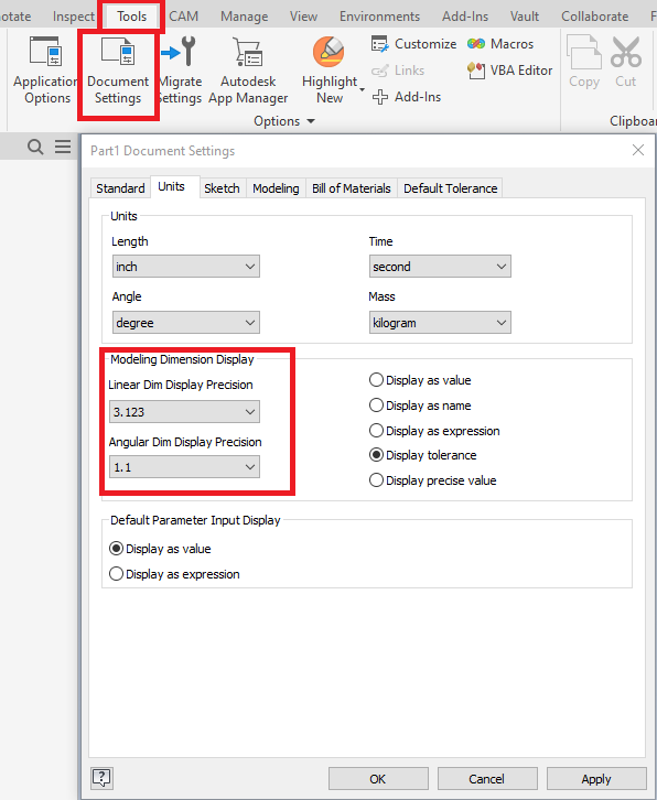 How to set the precision in a template of Inventor