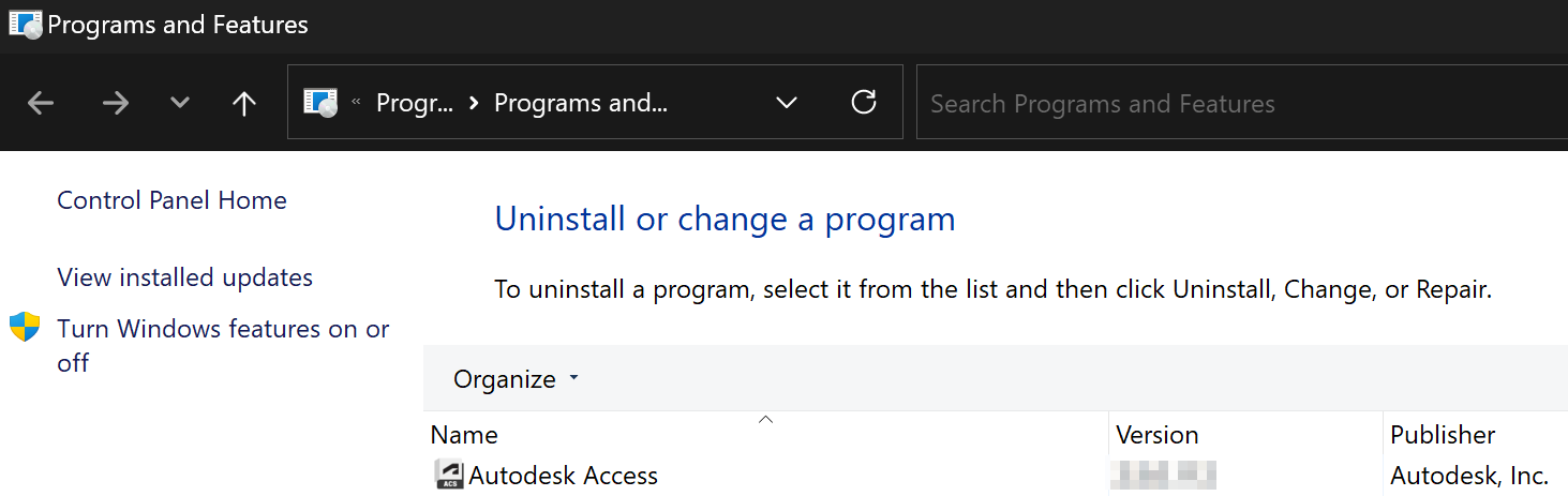 Autodesk Access shows a different version than Control Panel