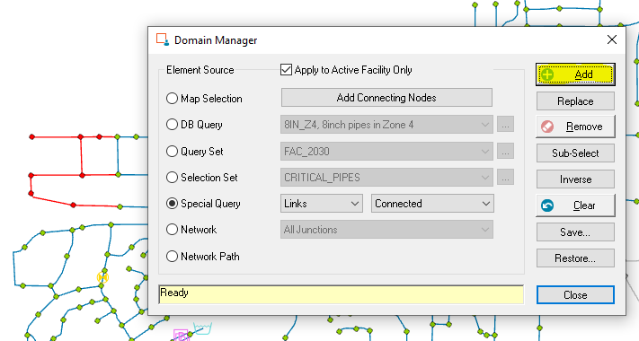 How to add pipes connected to domain nodes to the domain in InfoWater Pro