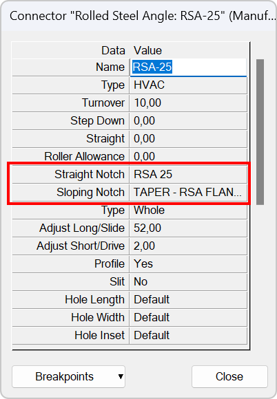 How to edit the notching angle on Seams in CAMduct