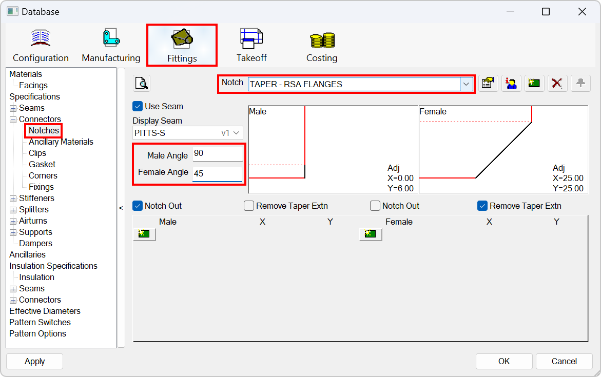 How to edit the notching angle on Seams in CAMduct