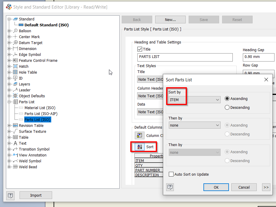 Cannot permanently save sorting by ITEM in parts list style of Inventor drawing