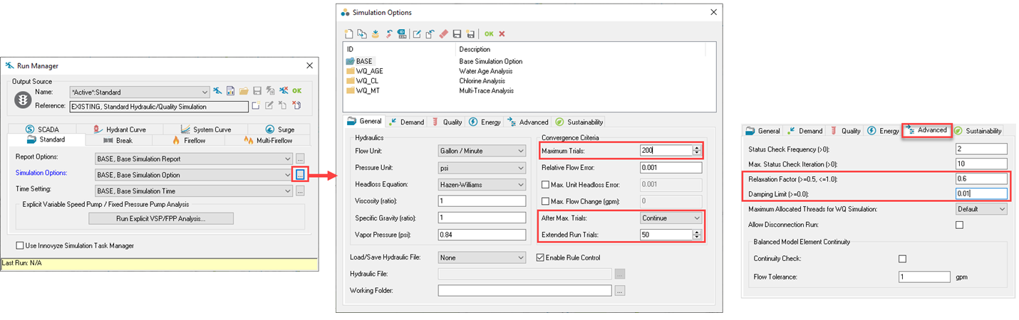 Recommended Simulation Options for best convergence in InfoWater Pro
