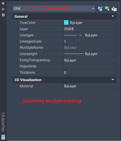 Properties palette is missing a section in AutoCAD