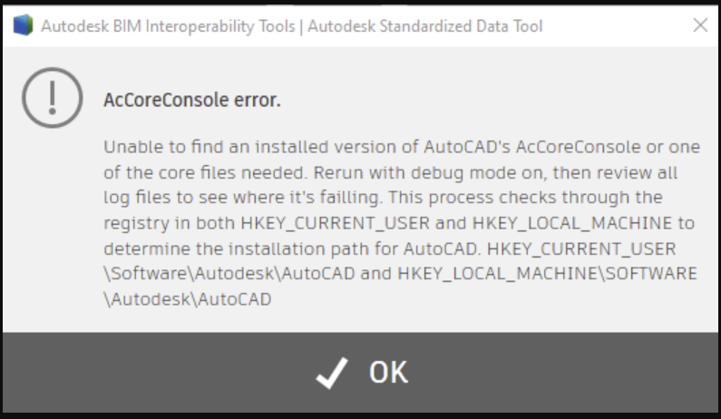 "AcCoreConsole error" when using Batch Tools in the Standardized Data Tool for Civil 3D