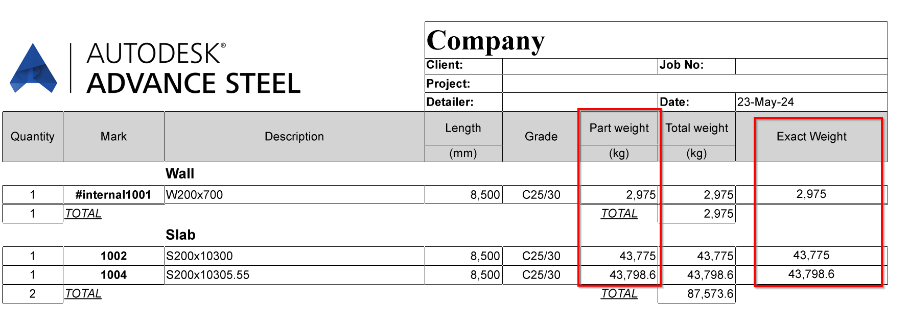 "Exact weight" shows the "Weight" value for concrete slab in BOM list ...