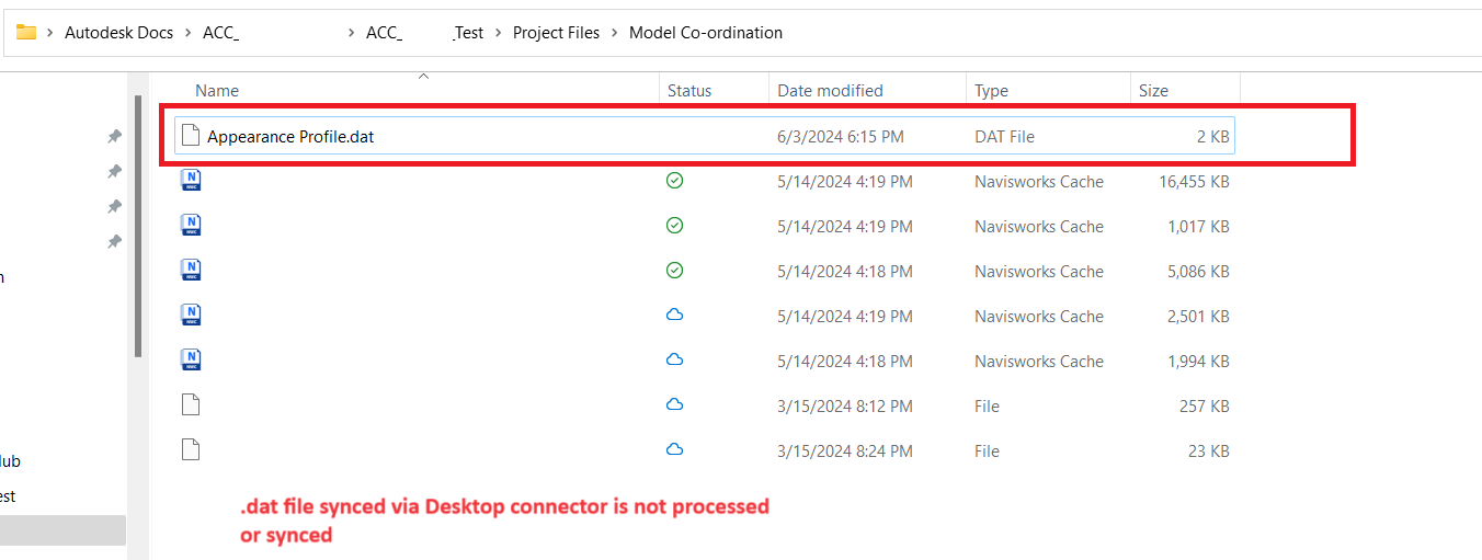 Unable to sync and backup DAT files from Desktop Connector to ACC Docs