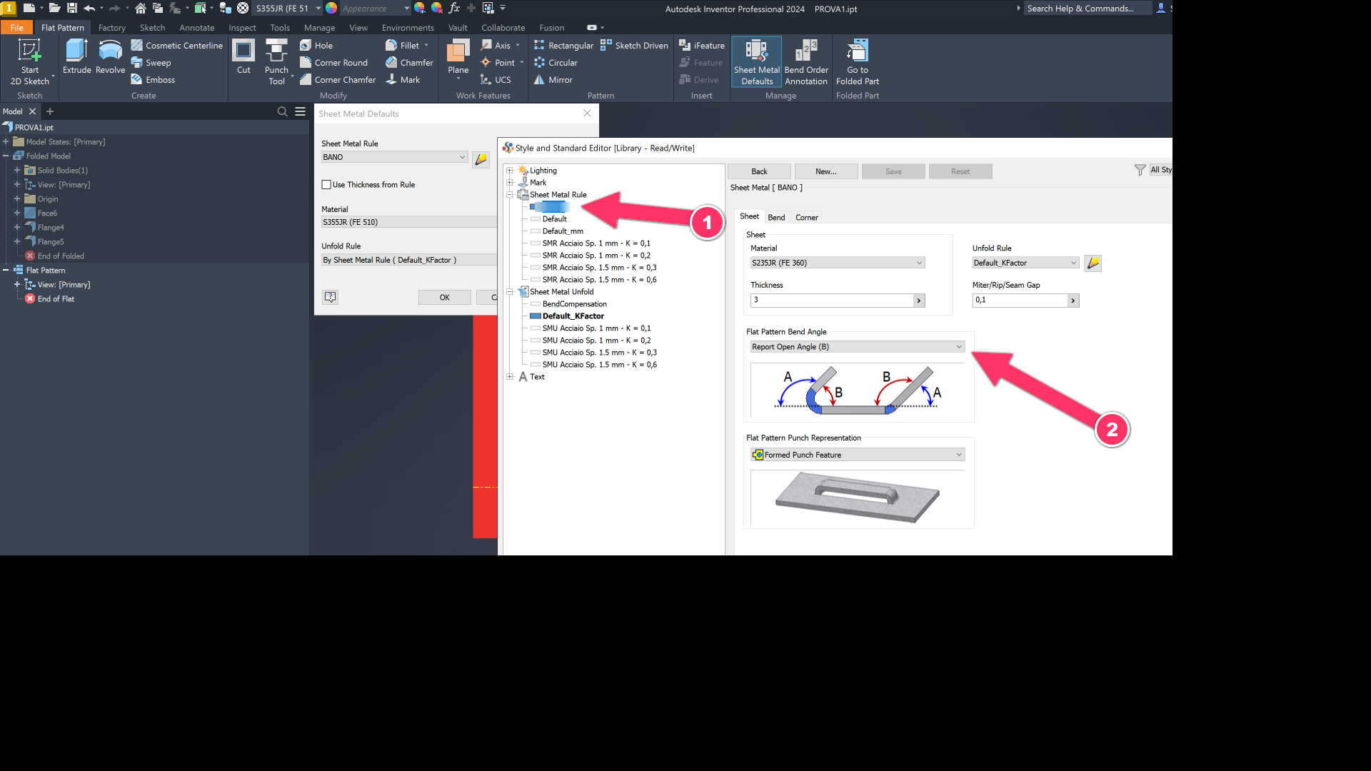 How to set a Flat Pattern Bend Angle to display the internal or external angle in an Inventor ...