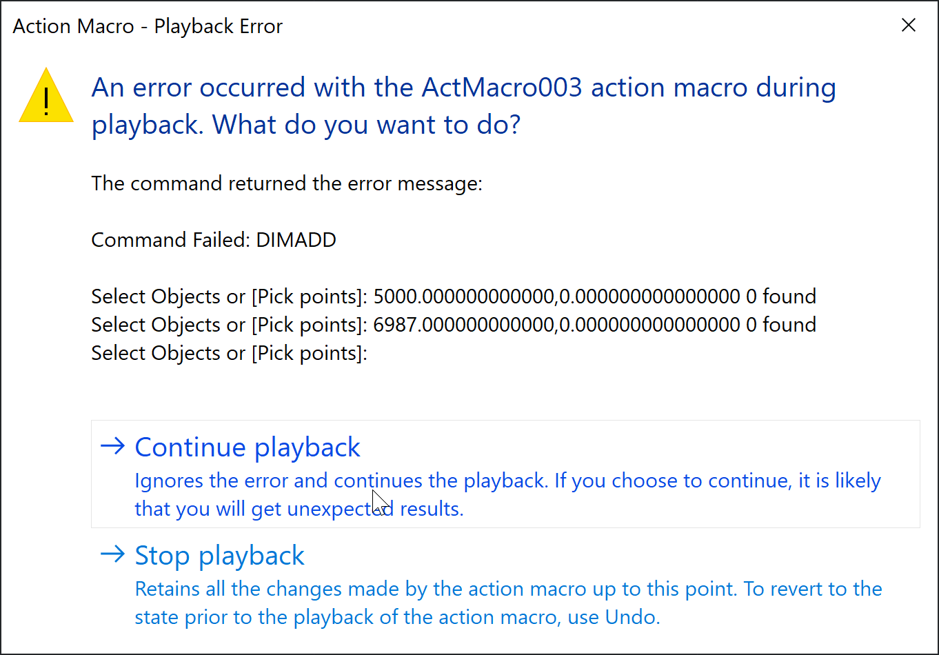 Unexpected DIMADD notification for action macro in AutoCAD Architecture