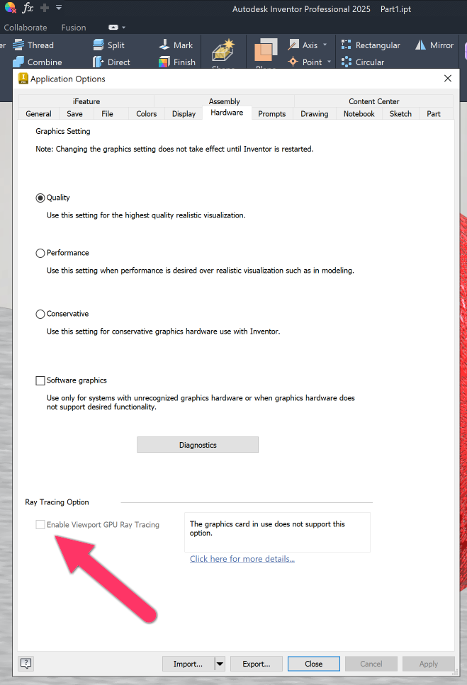 Camera view angle randomly changes when switching ray tracing on or off in Inventor