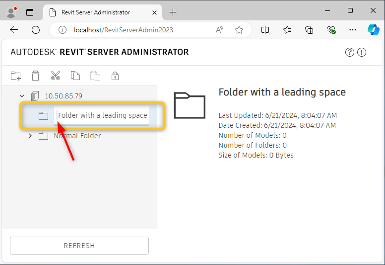Administration Panel is unavailable after creating a folder with leading space in Revit Server