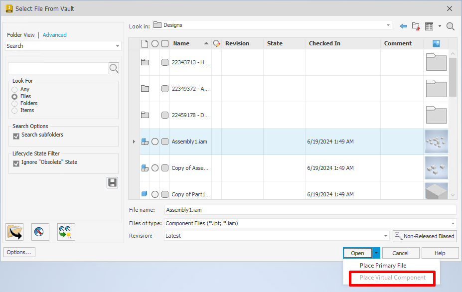 Place a part from Vault in Inventor as a virtual part is not working