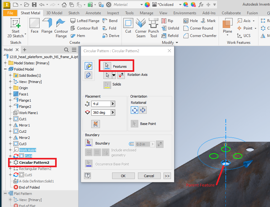 Hole feature that was pattern missing in DXF exported from Inventor