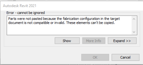 "Parts were not pasted" error when copying and pasting Fabrication parts between two Revit files