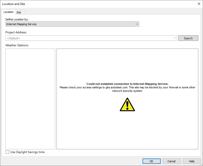 "Could not connect to Internet Mapping Service" message appears for project location in Revit