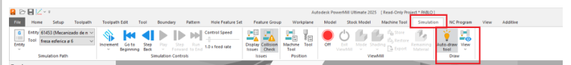 How to simulate the NC program with auto draw tool in PowerMill