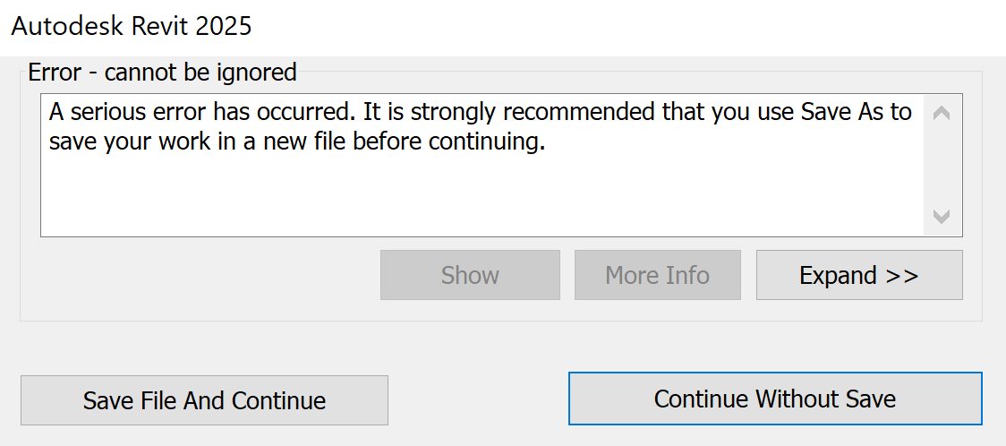 将模型升级到 Revit 2023 时显示“发生严重错误。强烈建议...”在 Revit 中导入带有地形测量的 DWG 文件时