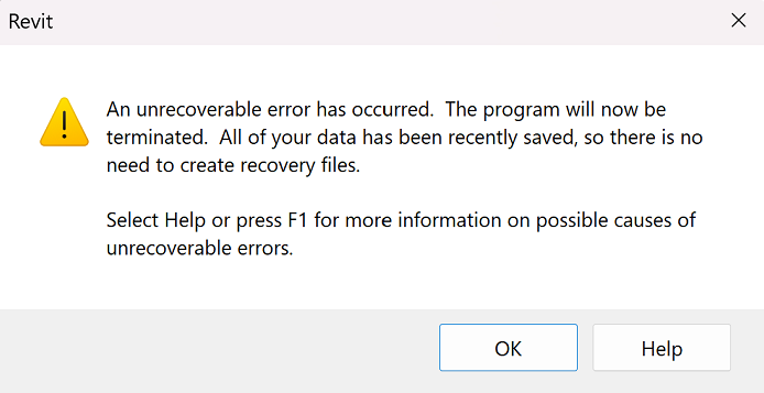 打开 Revit 时显示“发生不可恢复的错误”