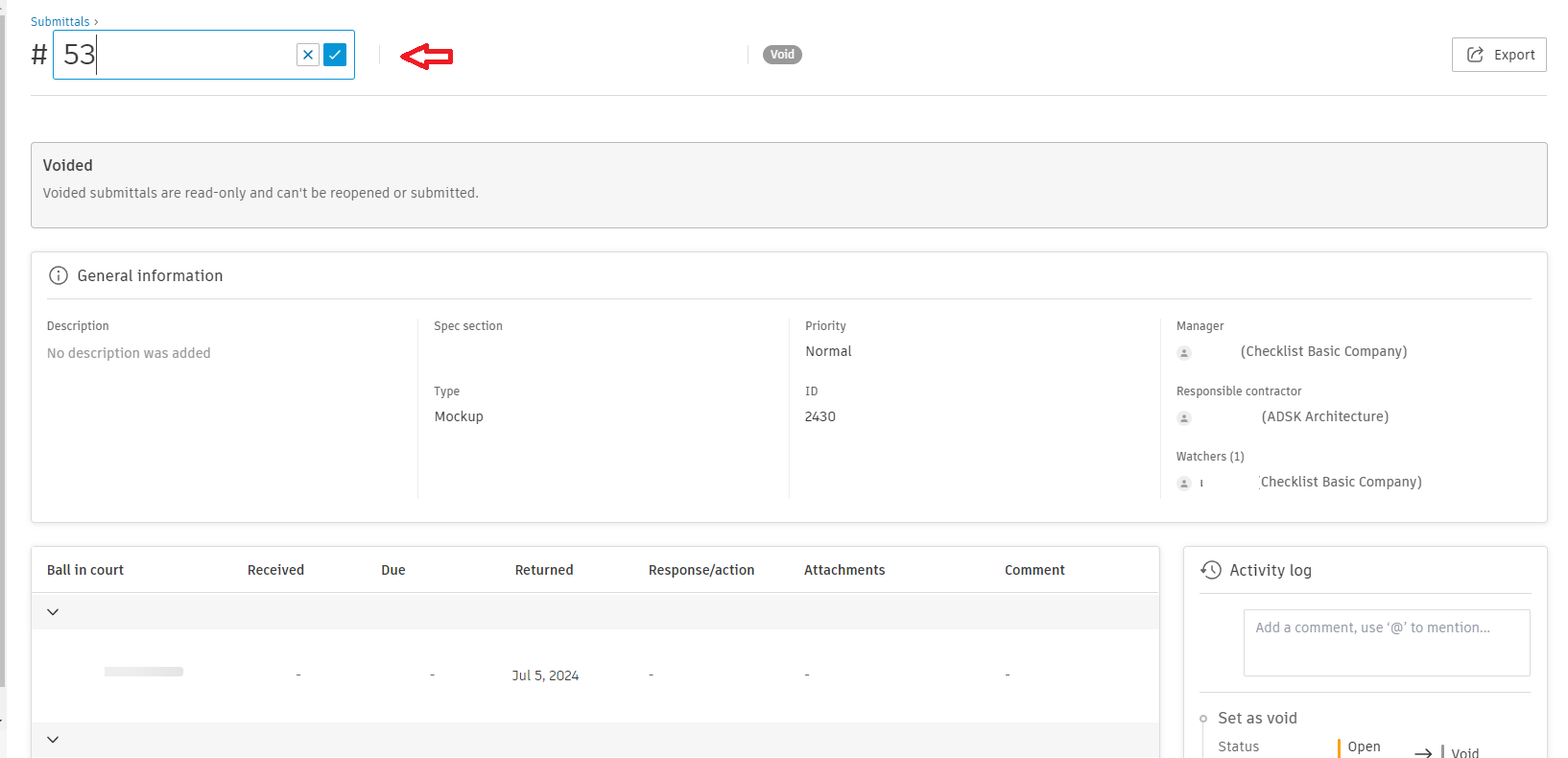 Is it possible to delete or renumber the void submittals in ACC Build?