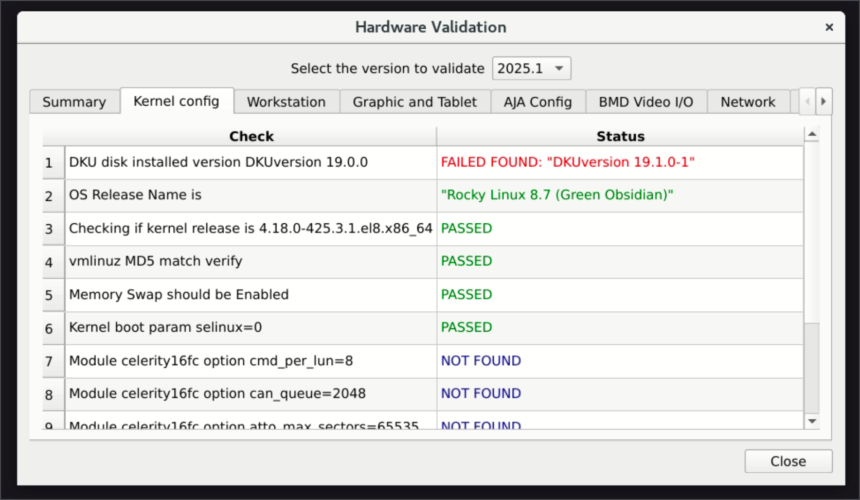 "FAILED FOUND: "DKUversion 19.1.0-1" in Flame 2025.1 Hardware Validation
