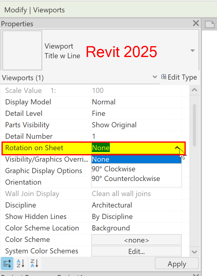 Rotation on sheet option is missing in Revit 2025